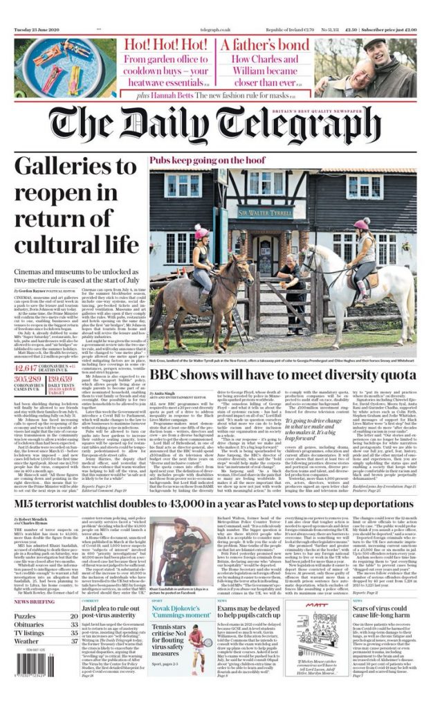 Daily Telegraph Front Page 23rd of June 2020 - Tomorrow's Papers Today!