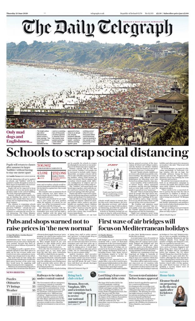 Daily Telegraph Front Page 25th of June 2020 - Tomorrow's Papers Today!