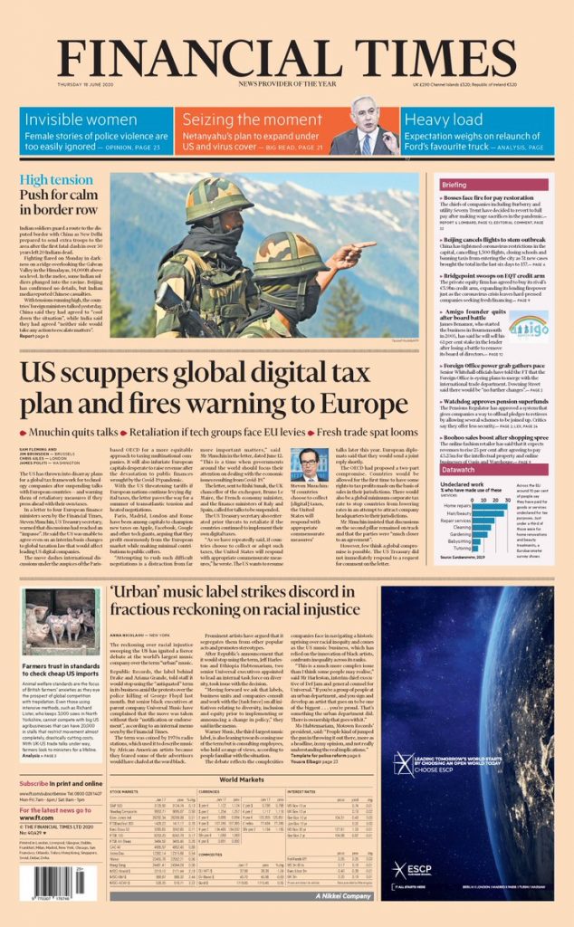 Financial Times Front Page 18th of June 2020 - Tomorrow's Papers Today!