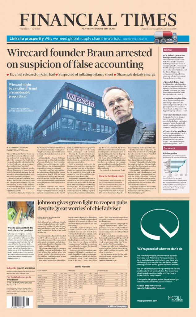 Financial Times Front Page 24th of June 2020 - Tomorrow's Papers Today!