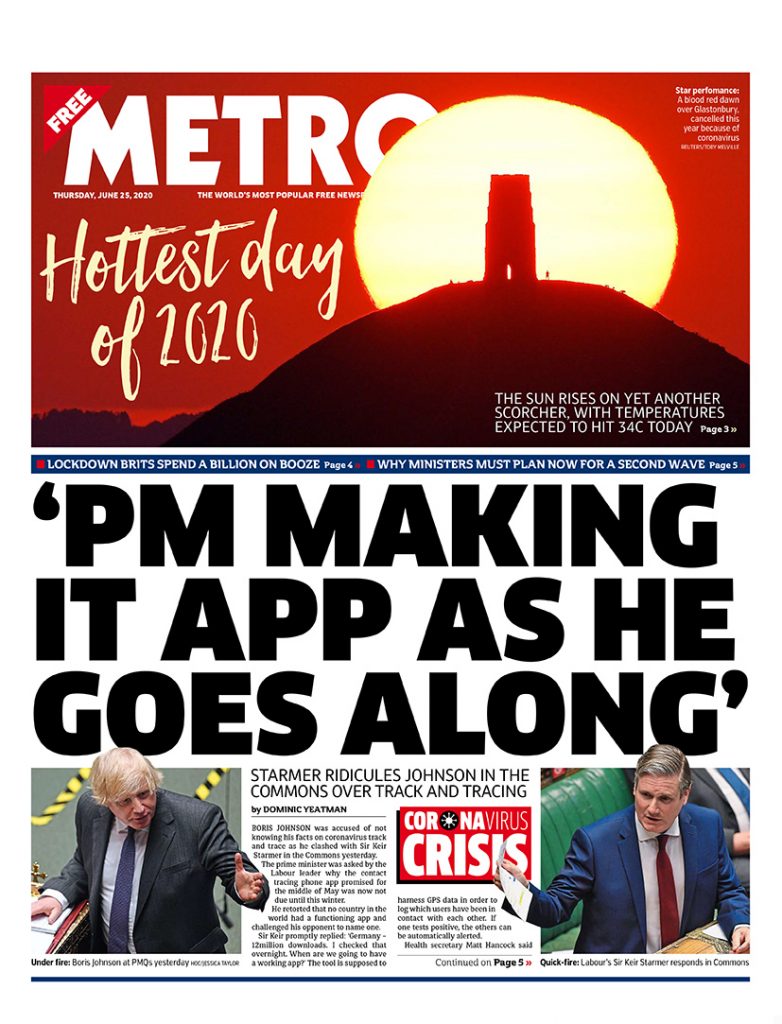 Metro Front Page 25th of June 2020 - Tomorrow's Papers Today!