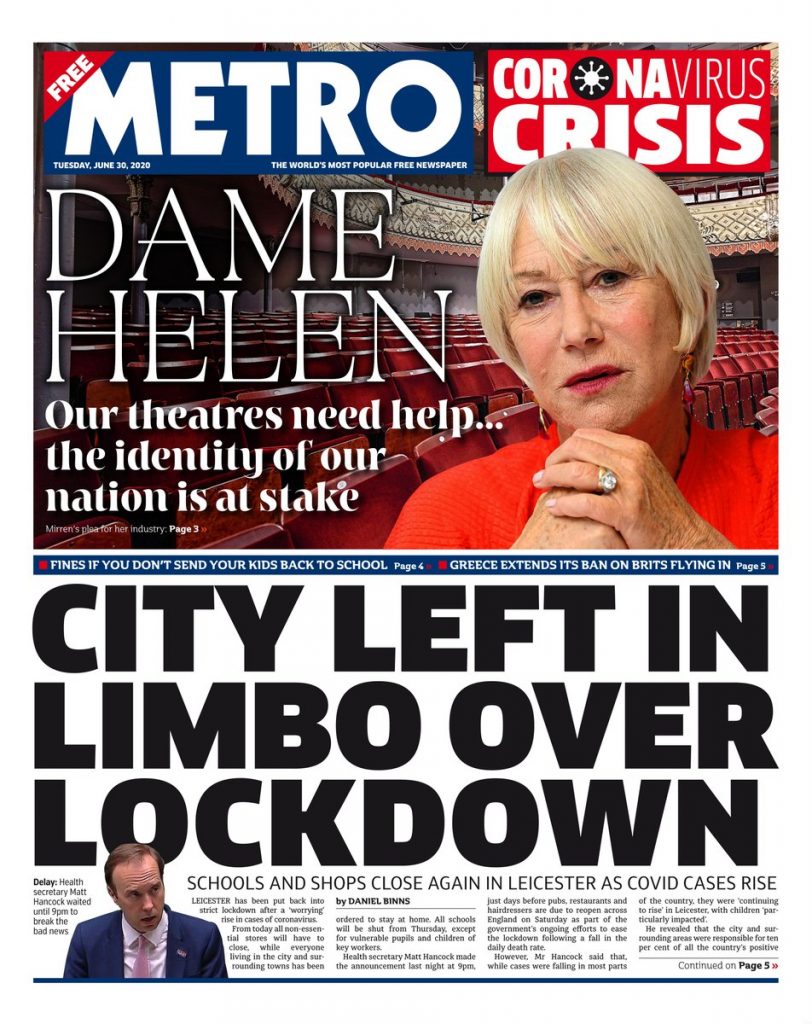 Metro Front Page 30th of June 2020 - Tomorrow's Papers Today!