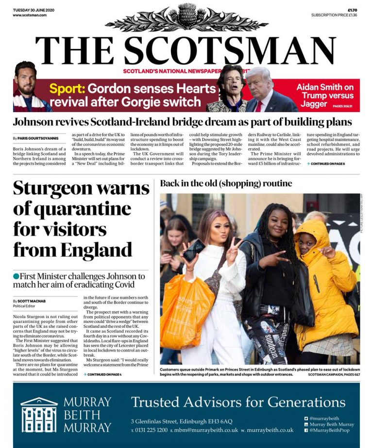 Scotsman Front Page 30th of June 2020 - Tomorrow's Papers Today!