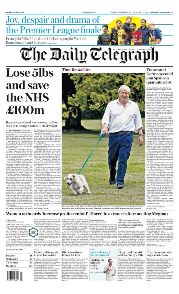 Daily Telegraph Front Page 27th of July 2020 - Tomorrow's Papers Today!