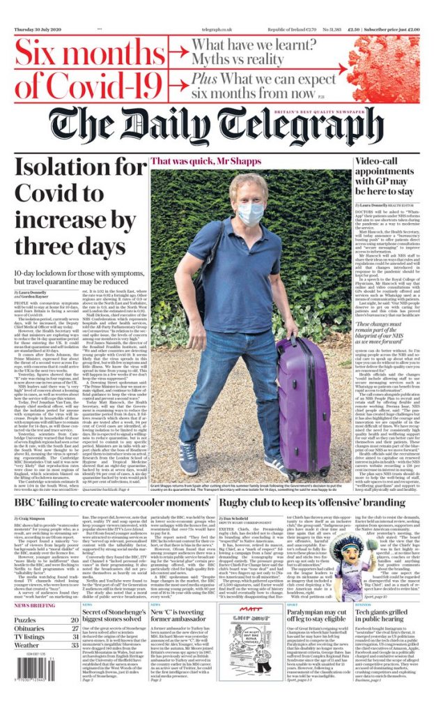 Daily Telegraph Front Page 30th of July 2020 - Tomorrow's Papers Today!