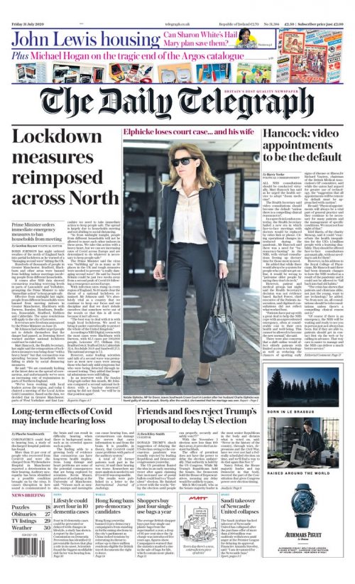 Daily Telegraph Front Page 31st of July 2020 - Tomorrow's Papers Today!