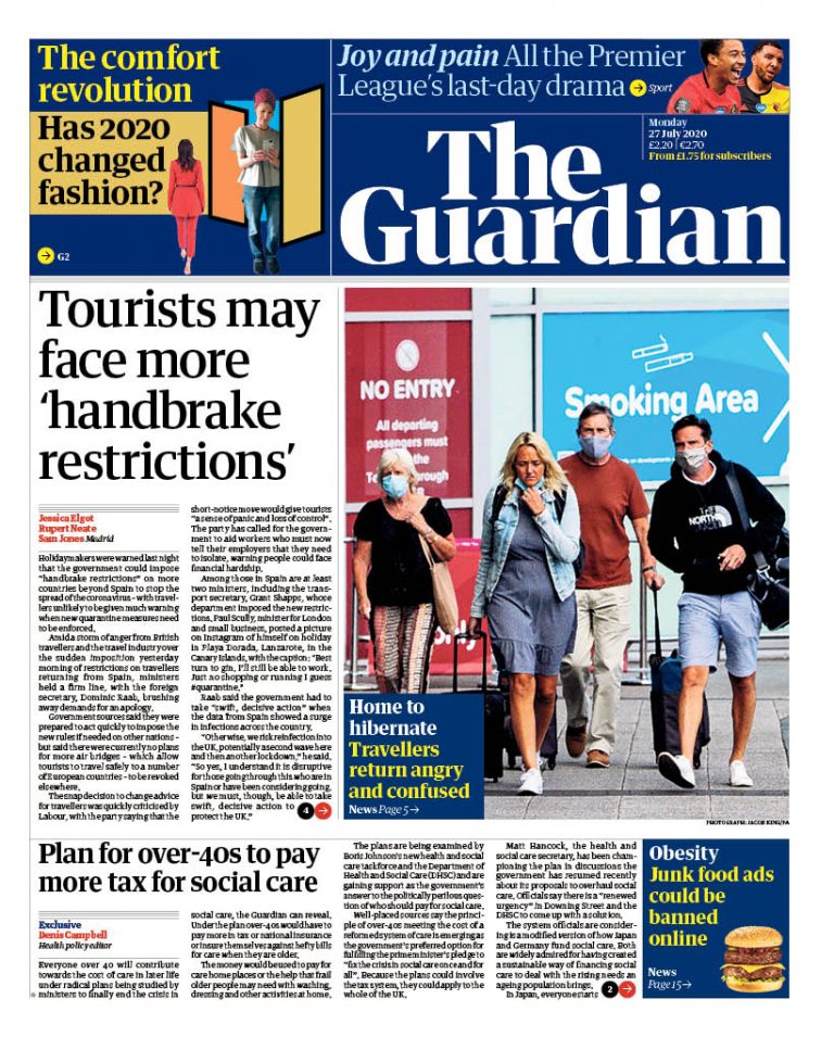 Guardian Front Page 27th of July 2020 - Tomorrow's Papers Today!