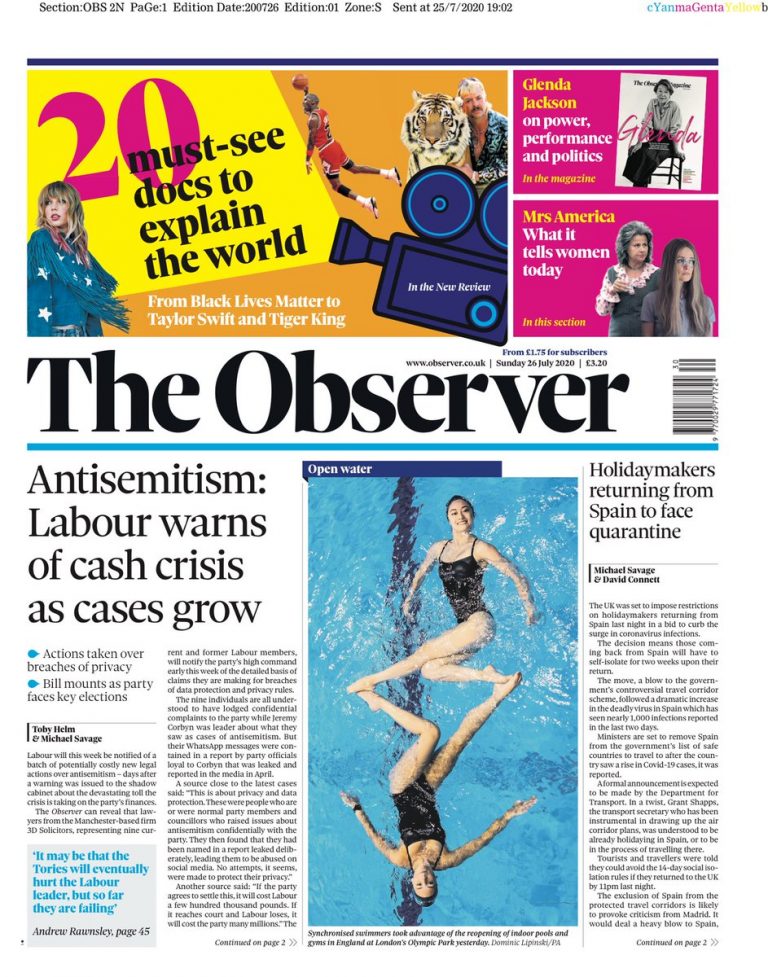 Observer Front Page 26th of July 2020 - Tomorrow's Papers Today!