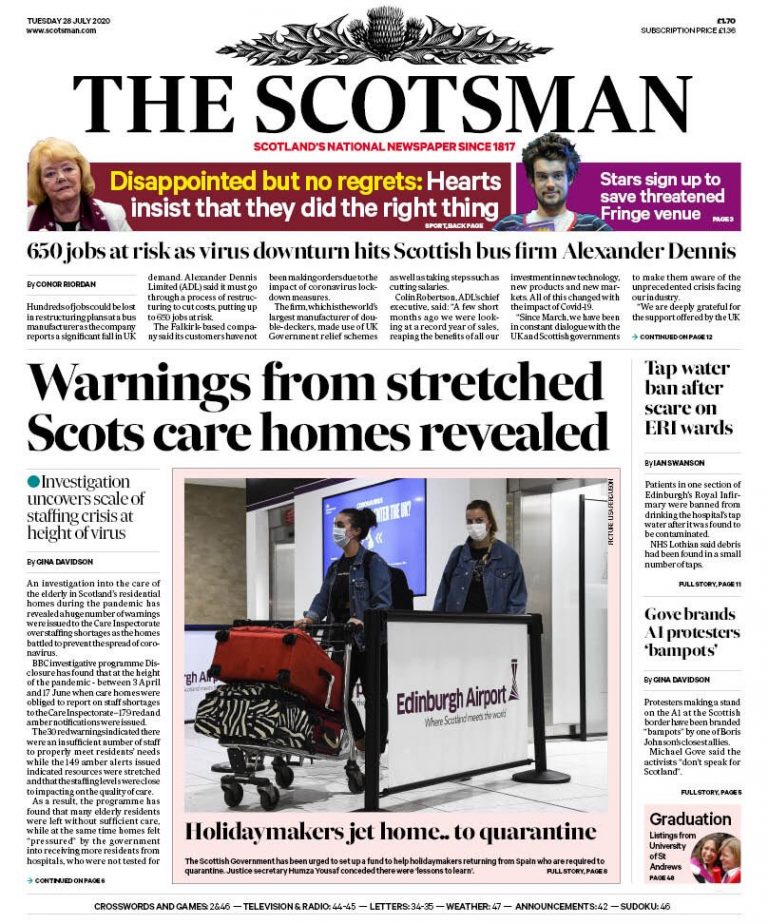 Scotsman Front Page 28th of July 2020 - Tomorrow's Papers Today!