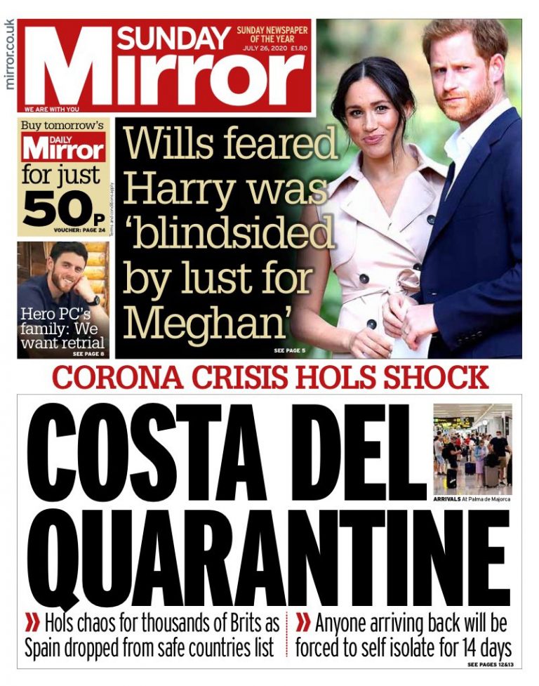 Sunday Mirror Front Page 26th of July 2020 - Tomorrow's Papers Today!