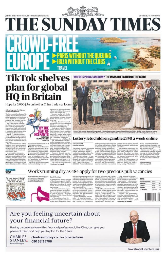 Sunday Times Front Page 19th of July 2020 - Tomorrow's Papers Today!