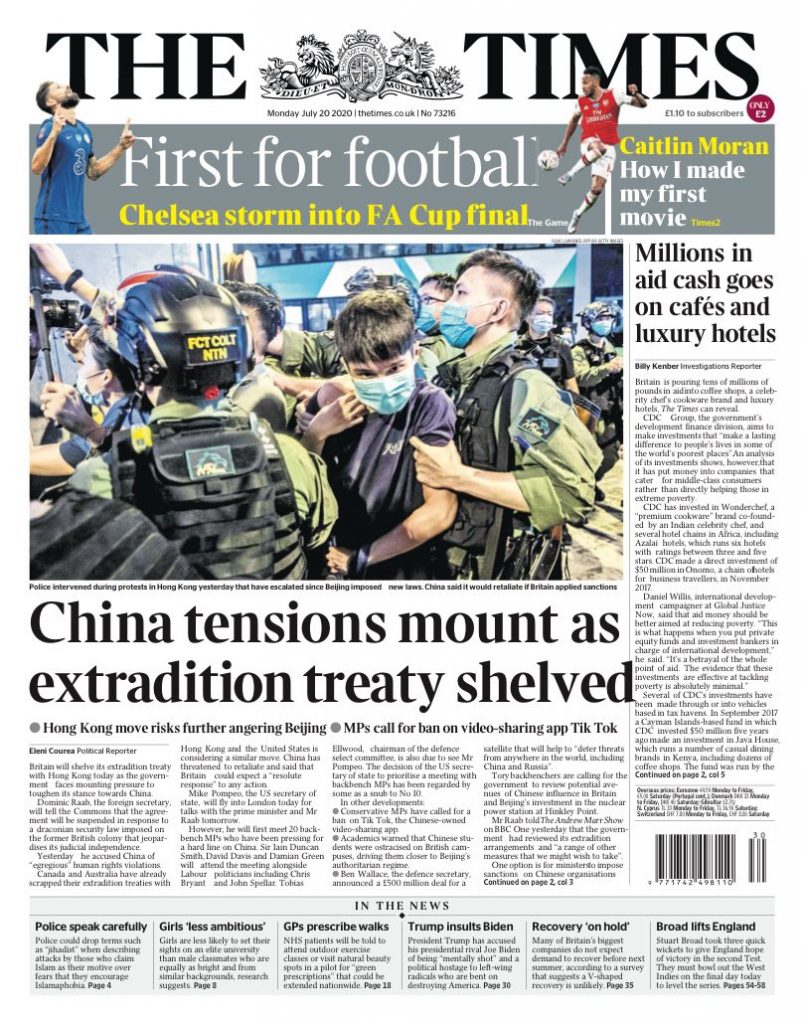 Times Front Page 20th of July 2020 - Tomorrow's Papers Today!