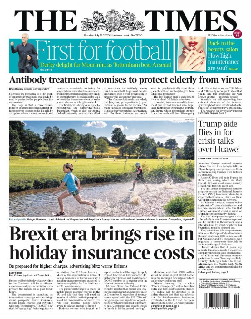 Times Front Page 13th of July 2020 - Tomorrow's Papers Today!