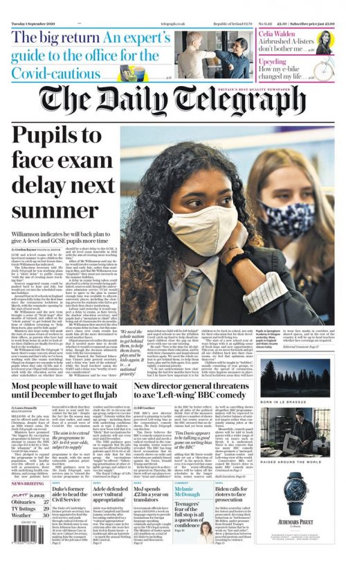 Daily Telegraph Front Page 1st of September 2020 - Tomorrow's Papers Today!