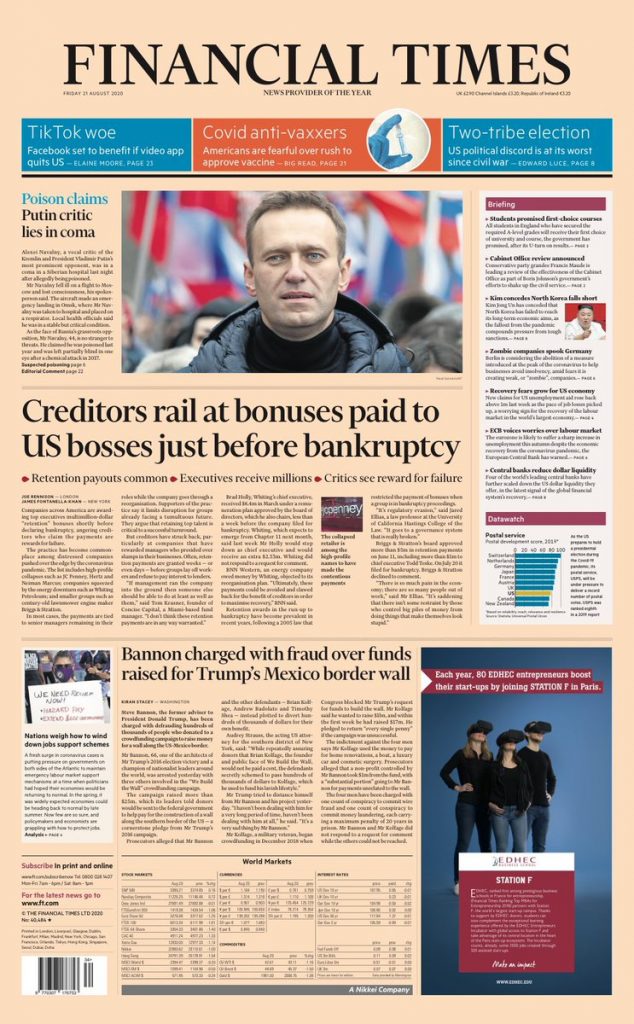 Financial Times Front Page 21st of August 2020 - Tomorrow's Papers Today!