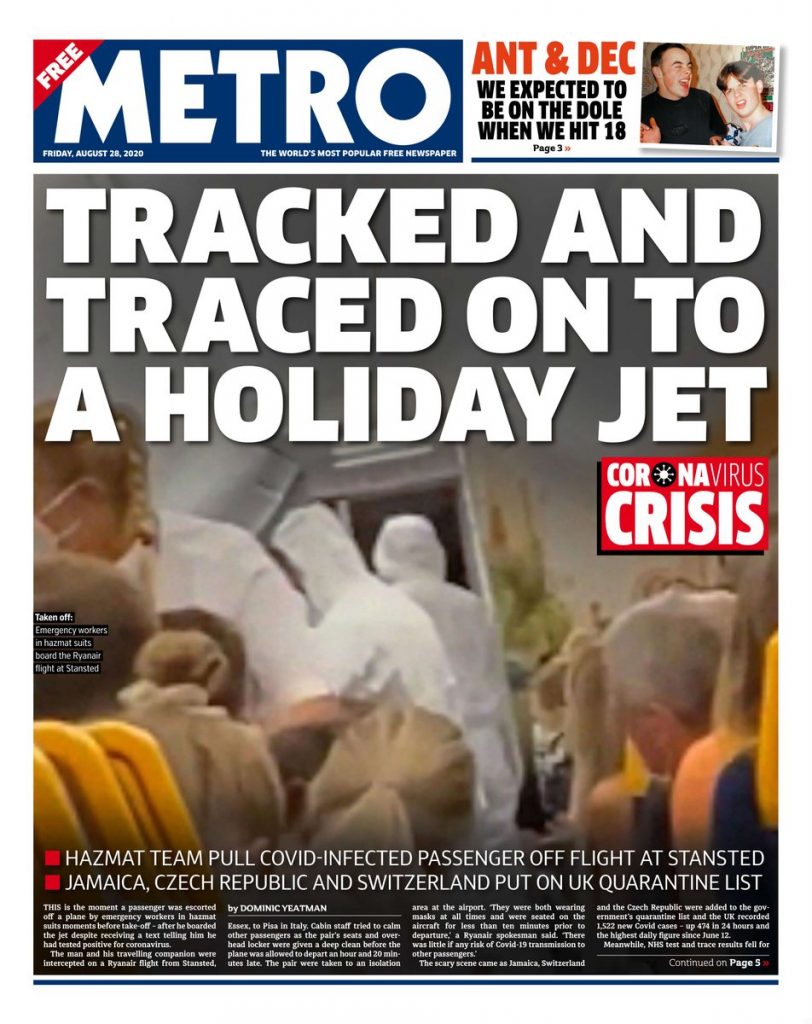 Metro Front Page 28th of August 2020 - Tomorrow's Papers Today!
