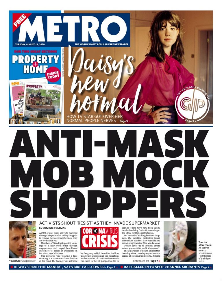Metro Front Page 11th of August 2020 - Tomorrow's Papers Today!