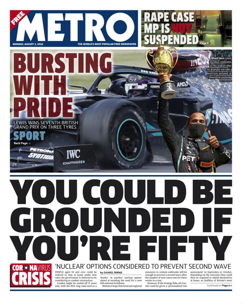 Metro Front Page 3rd of August 2020 - Tomorrow's Papers Today!