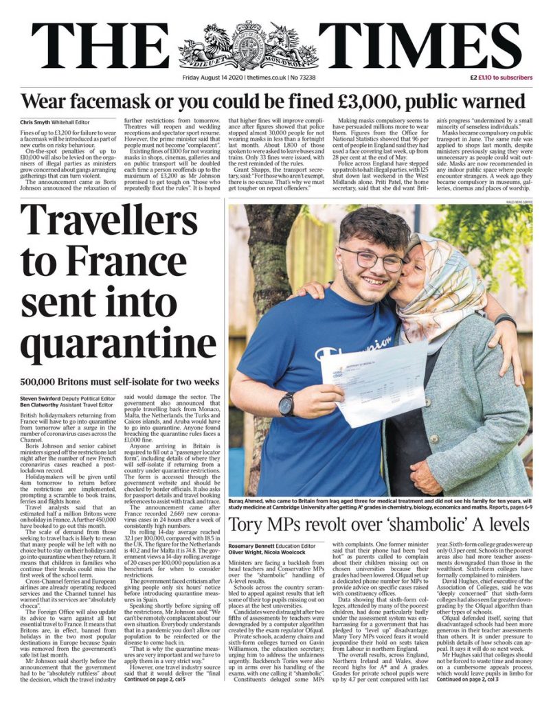 Times Front Page 14th of August 2020 - Tomorrow's Papers Today!