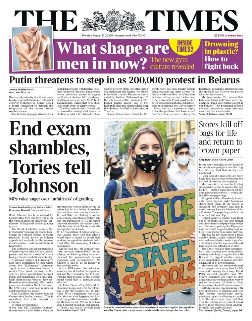 Times Front Page 17th of August 2020 - Tomorrow's Papers Today!