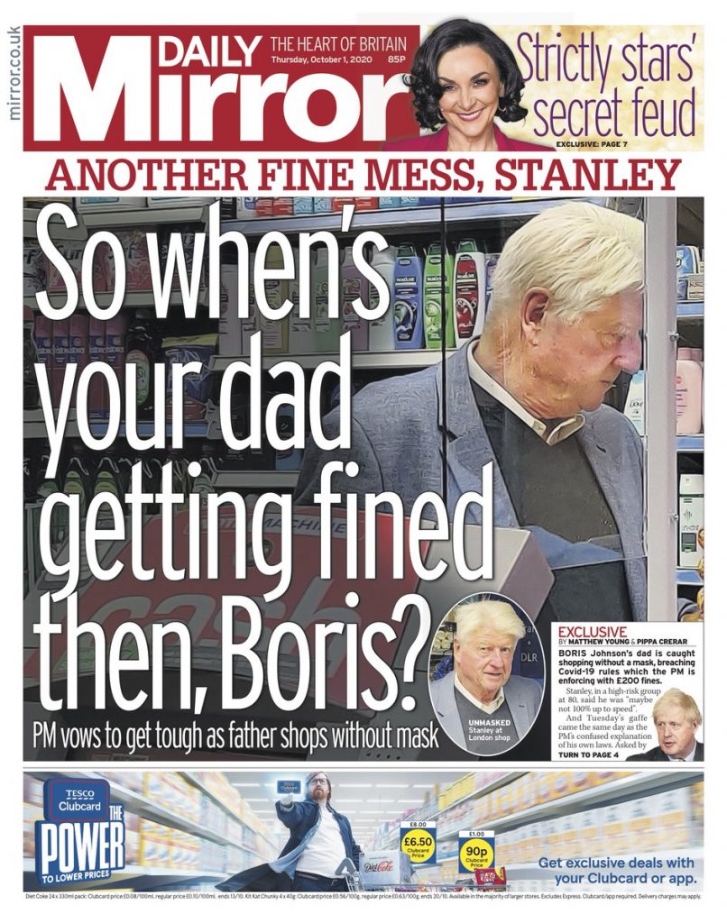 Daily Mirror Front Page 1st of October 2020 - Tomorrow's Papers Today!