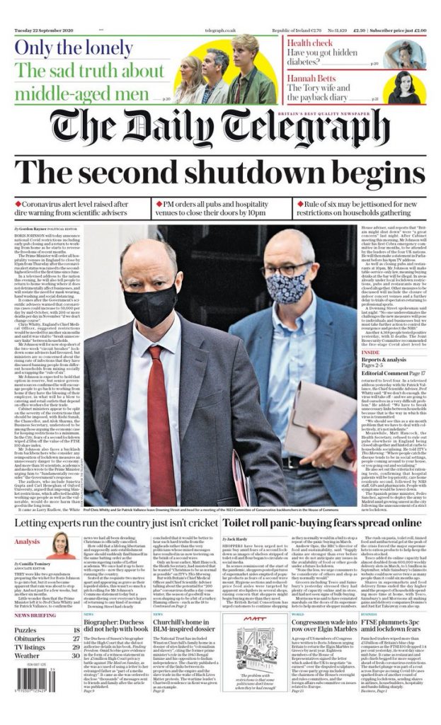 Daily Telegraph Front Page 22nd of September 2020 - Tomorrow's Papers ...