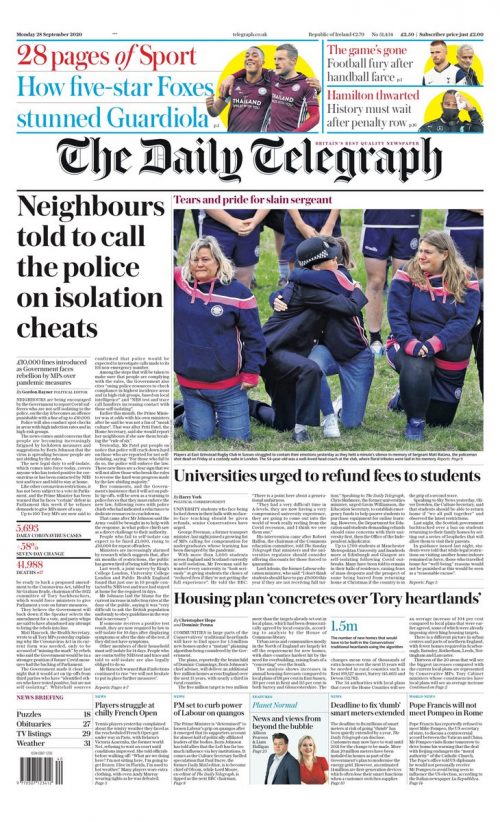Daily Telegraph Front Page 28th of September 2020 - Tomorrow's Papers ...