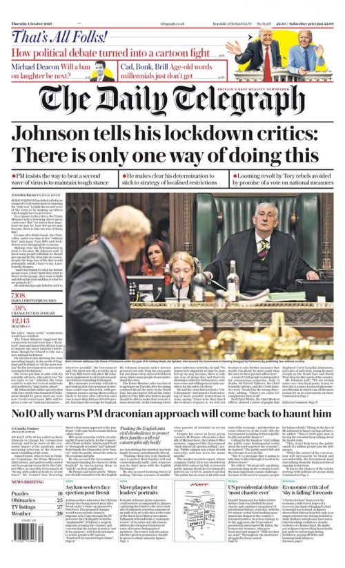 Daily Telegraph Front Page 1st of October 2020 - Tomorrow's Papers Today!