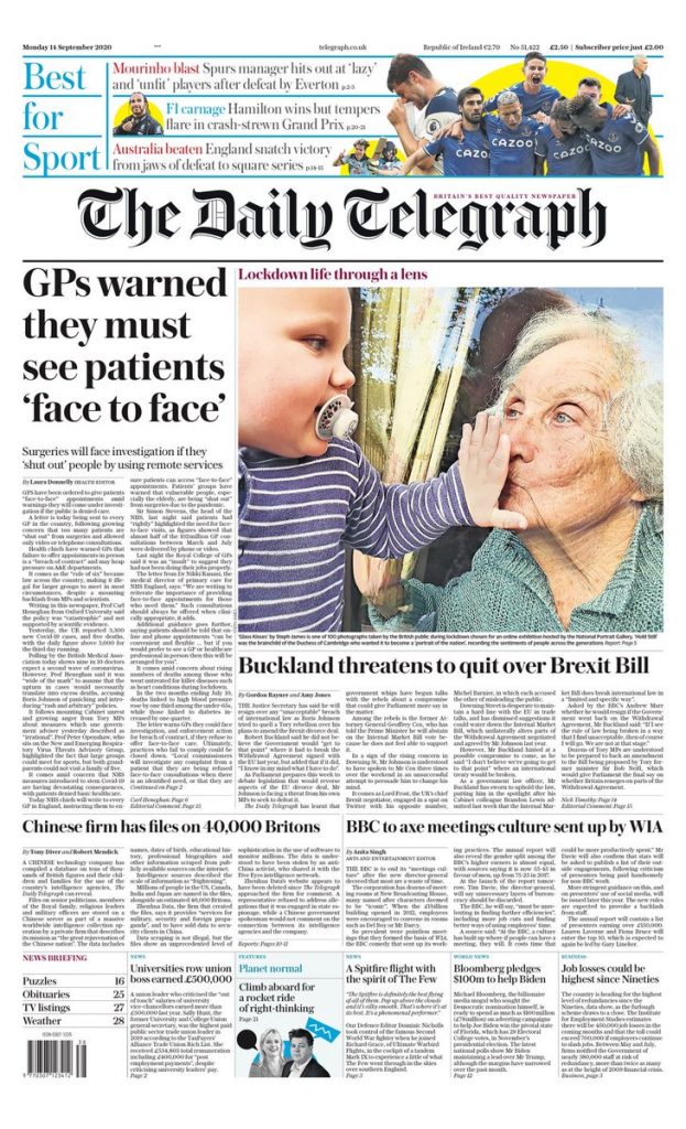 Daily Telegraph Front Page 14th of September 2020 - Tomorrow's Papers ...