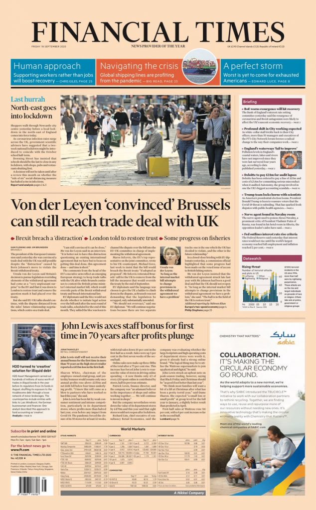 Financial Times Front Page 18th of September 2020 - Tomorrow's Papers ...