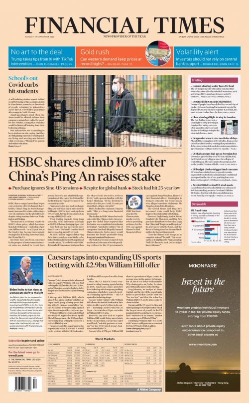 Financial Times Front Page 29th of September 2020 - Tomorrow's Papers ...