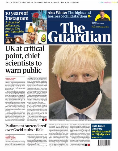 Guardian Front Page 21st of September 2020 - Tomorrow's Papers Today!