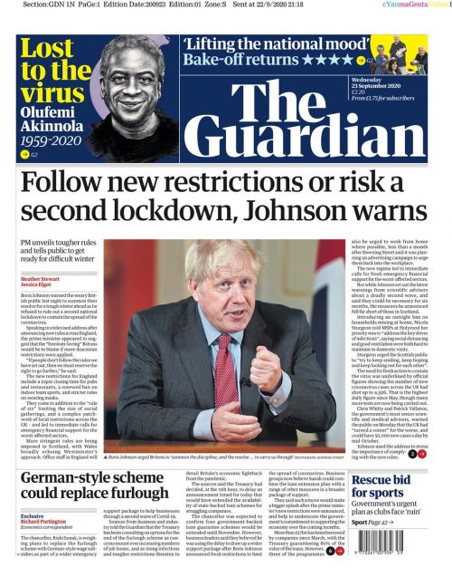 Guardian Front Page 23rd of September 2020 - Tomorrow's Papers Today!