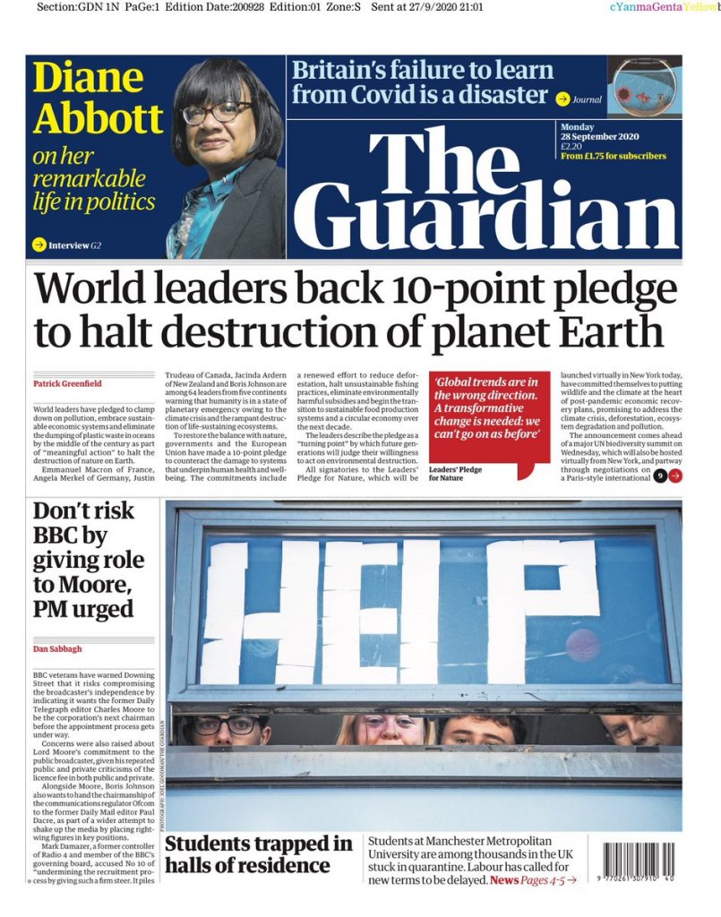 Guardian Front Page 28th of September 2020 - Tomorrow's Papers Today!