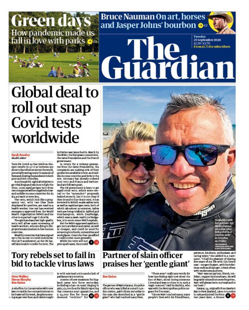 Guardian Front Page 29th of September 2020 - Tomorrow's Papers Today!