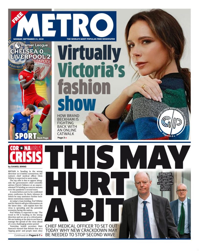 Metro Front Page 21st of September 2020 - Tomorrow's Papers Today!