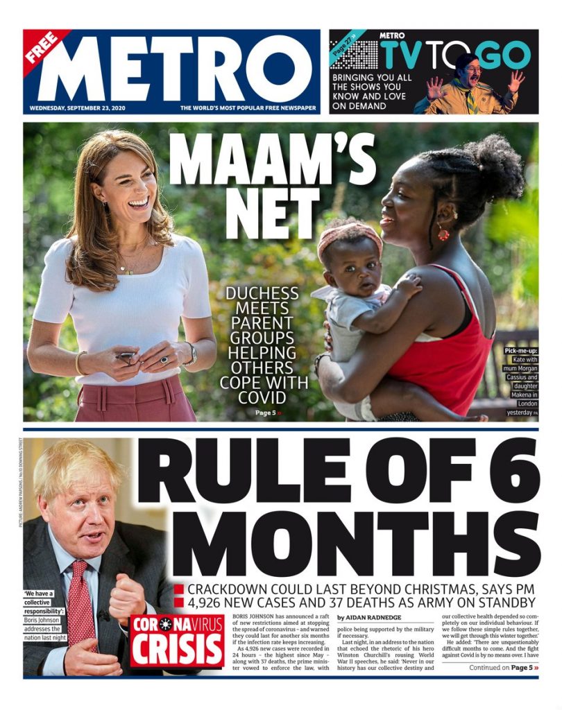 Metro Front Page 23rd of September 2020 - Tomorrow's Papers Today!