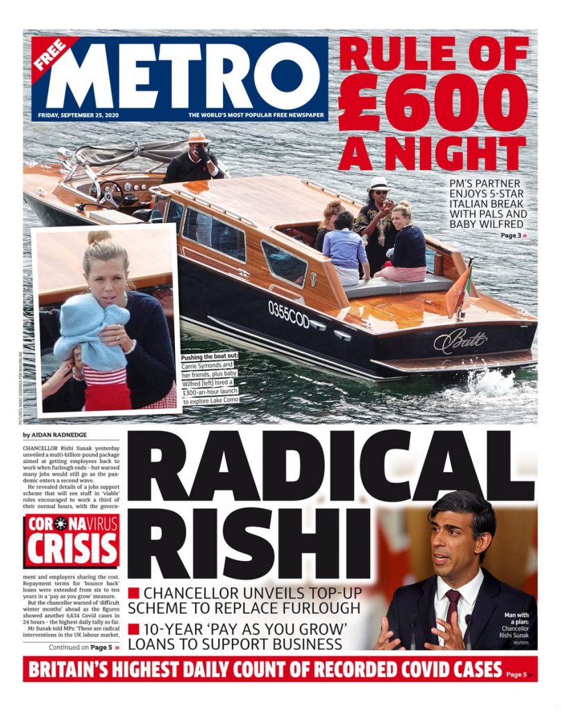Metro Front Page 25th of September 2020 - Tomorrow's Papers Today!