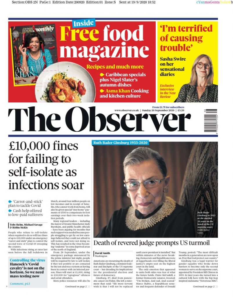 Observer Front Page 20th of September 2020 - Tomorrow's Papers Today!