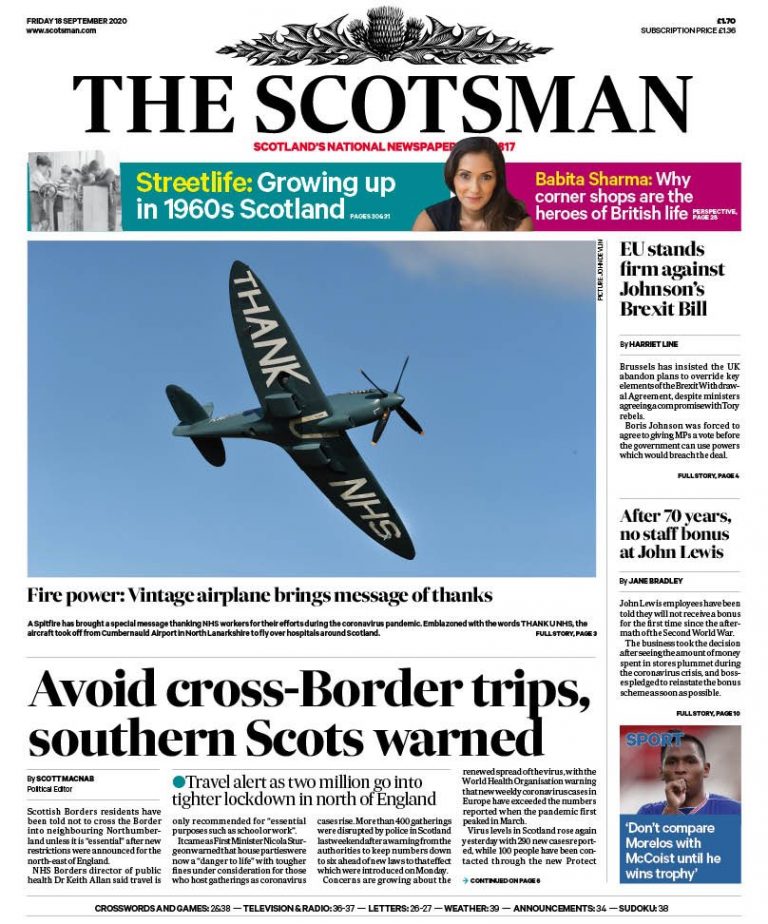Scotsman Front Page 18th of September 2020 - Tomorrow's Papers Today!