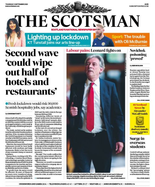 Scotsman Front Page 3rd of September 2020 - Tomorrow's Papers Today!