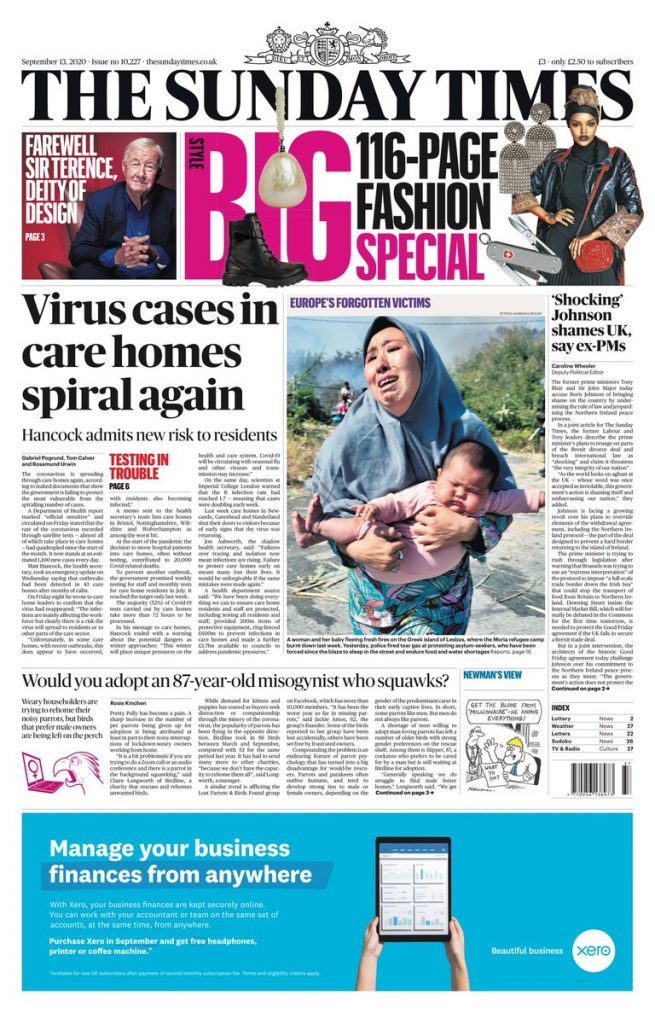 Sunday Times Front Page 13th of September 2020 - Tomorrow's Papers Today!