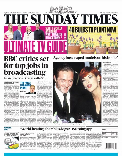 Sunday Times Front Page 27th of September 2020 - Tomorrow's Papers Today!