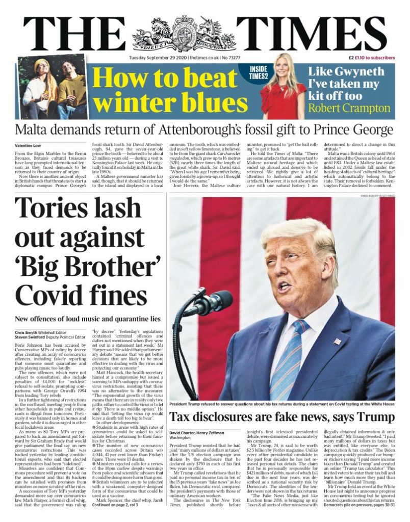 Times Front Page 29th of September 2020 - Tomorrow's Papers Today!