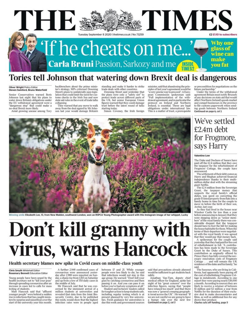 Times Front Page 8th of September 2020 - Tomorrow's Papers Today!