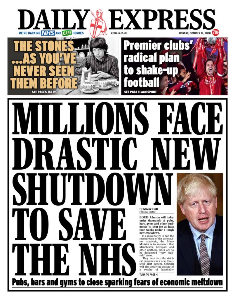 Daily Express Front Page 12th of October 2020 - Tomorrow's Papers Today!