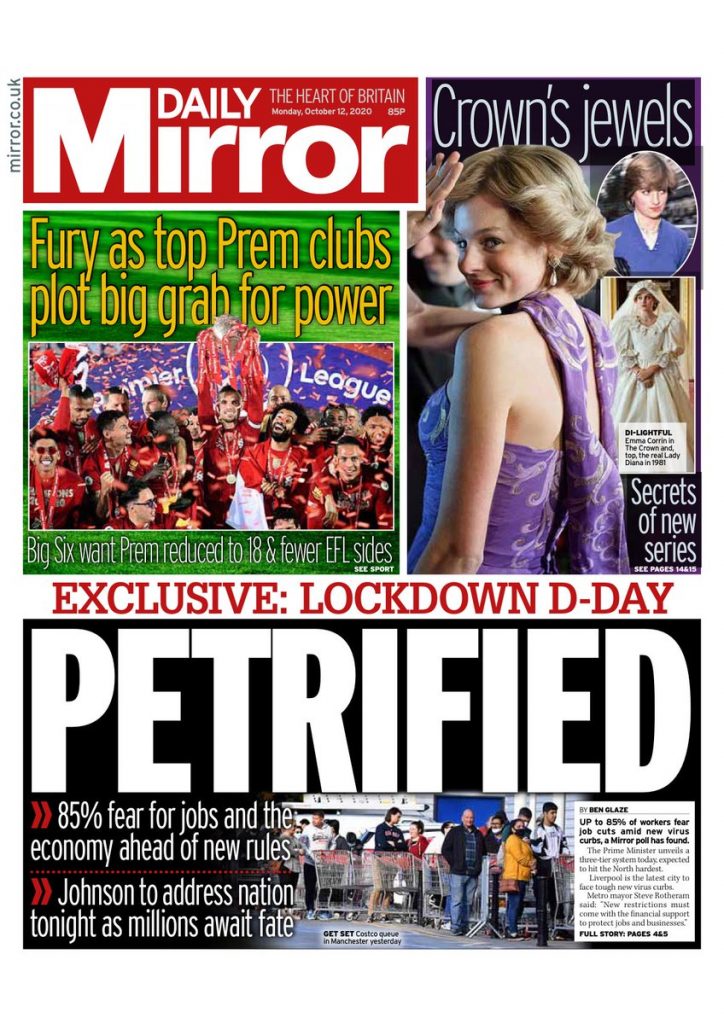 Daily Mirror Front Page 12th of October 2020 - Tomorrow's Papers Today!