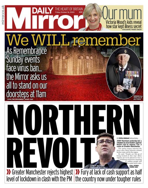 Daily Mirror Front Page 16th of October 2020 - Tomorrow's Papers Today!