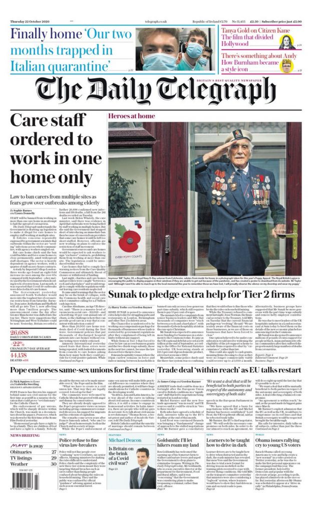 Daily Telegraph Front Page 22nd of October 2020 - Tomorrow's Papers Today!