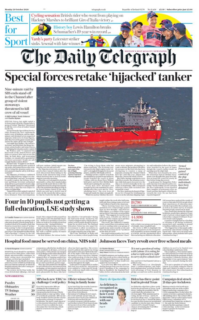 Daily Telegraph Front Page 26th of October 2020 - Tomorrow's Papers Today!